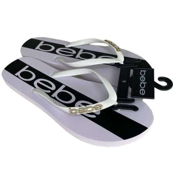 bebe | Shoes | Bebe Tierla Bebe Logo Flip Flops Sandals White Black ...